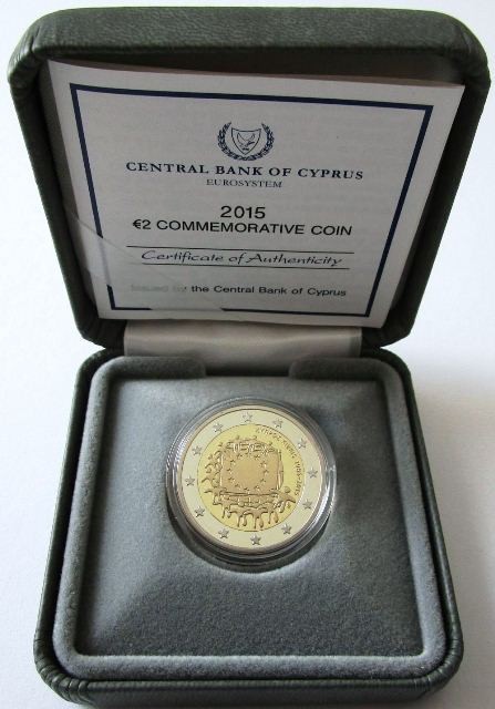 CIPRU 2015 - 2 Euro comemorativ ?30 de ani - steagul UE? Proof /cutie ...